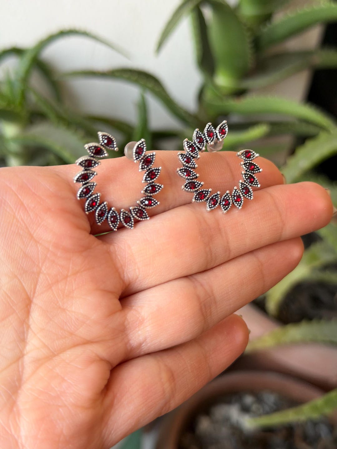 Red Stone Hoop Earrings Lab Garnet Sterling Silver 925 Circle Earrings ...