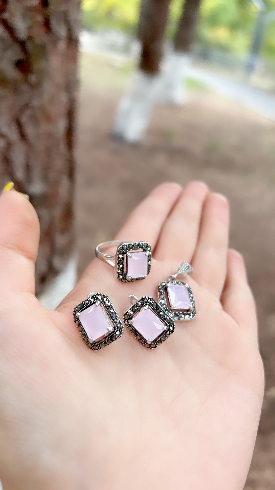 Rose Quartz Marcasite Ring STERLING SILVER 925 Armenian Ring, Square Gemstone Ring Armenian ...