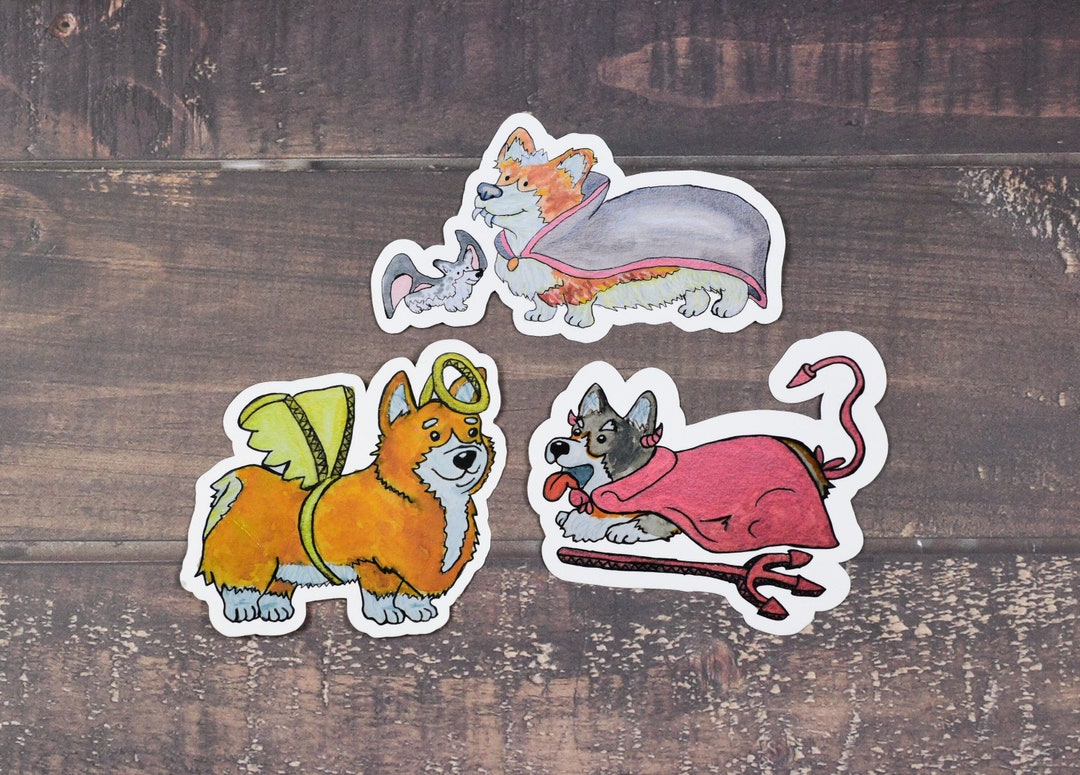Costume Corgi Dog Vinyl Sticker Pack, Animal Pet Laptop Decal, Angel ...