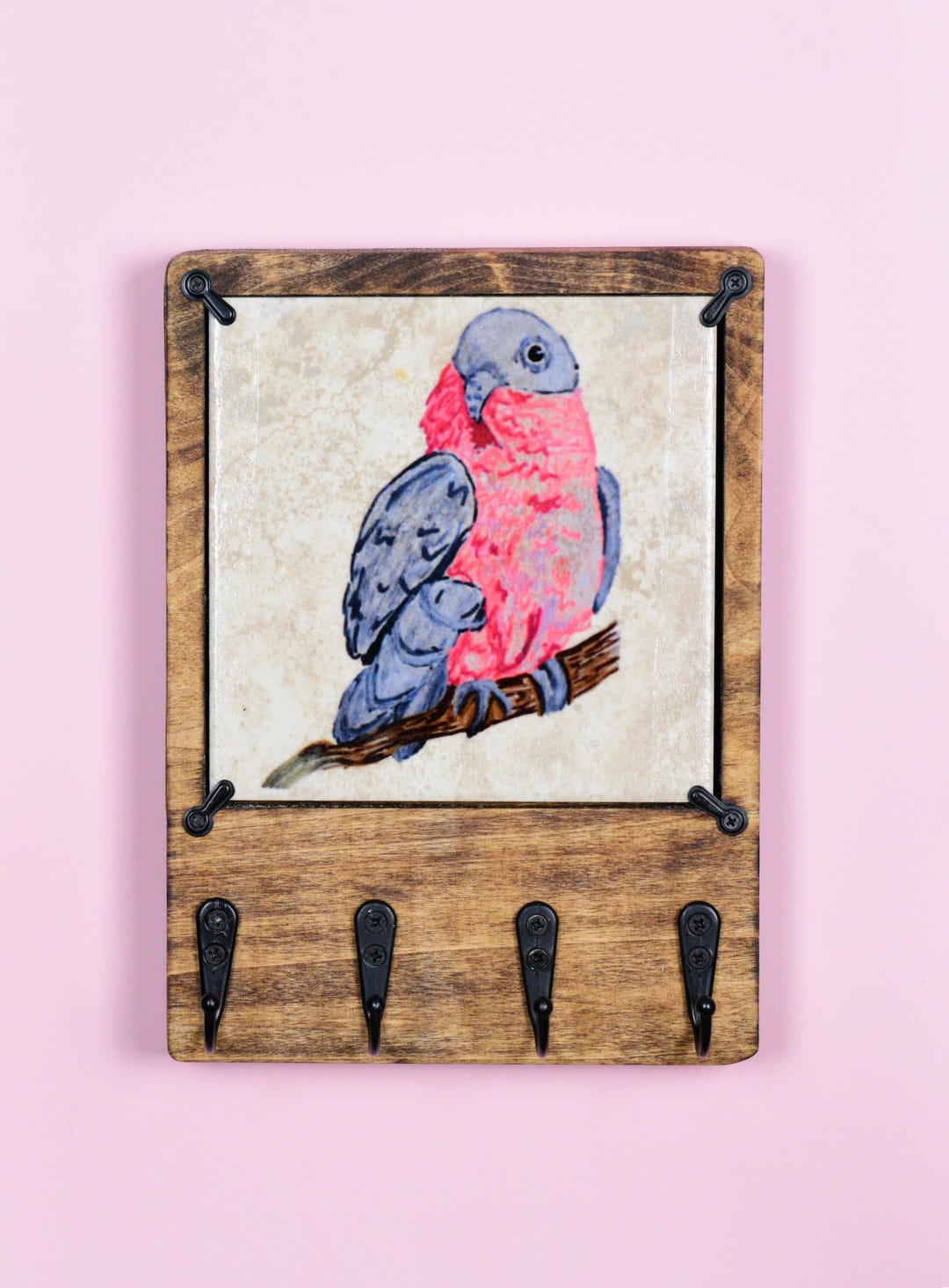 Pink Cockatoo Bird Pet Wooden Key Rack Holder for Wall With Changeable ...
