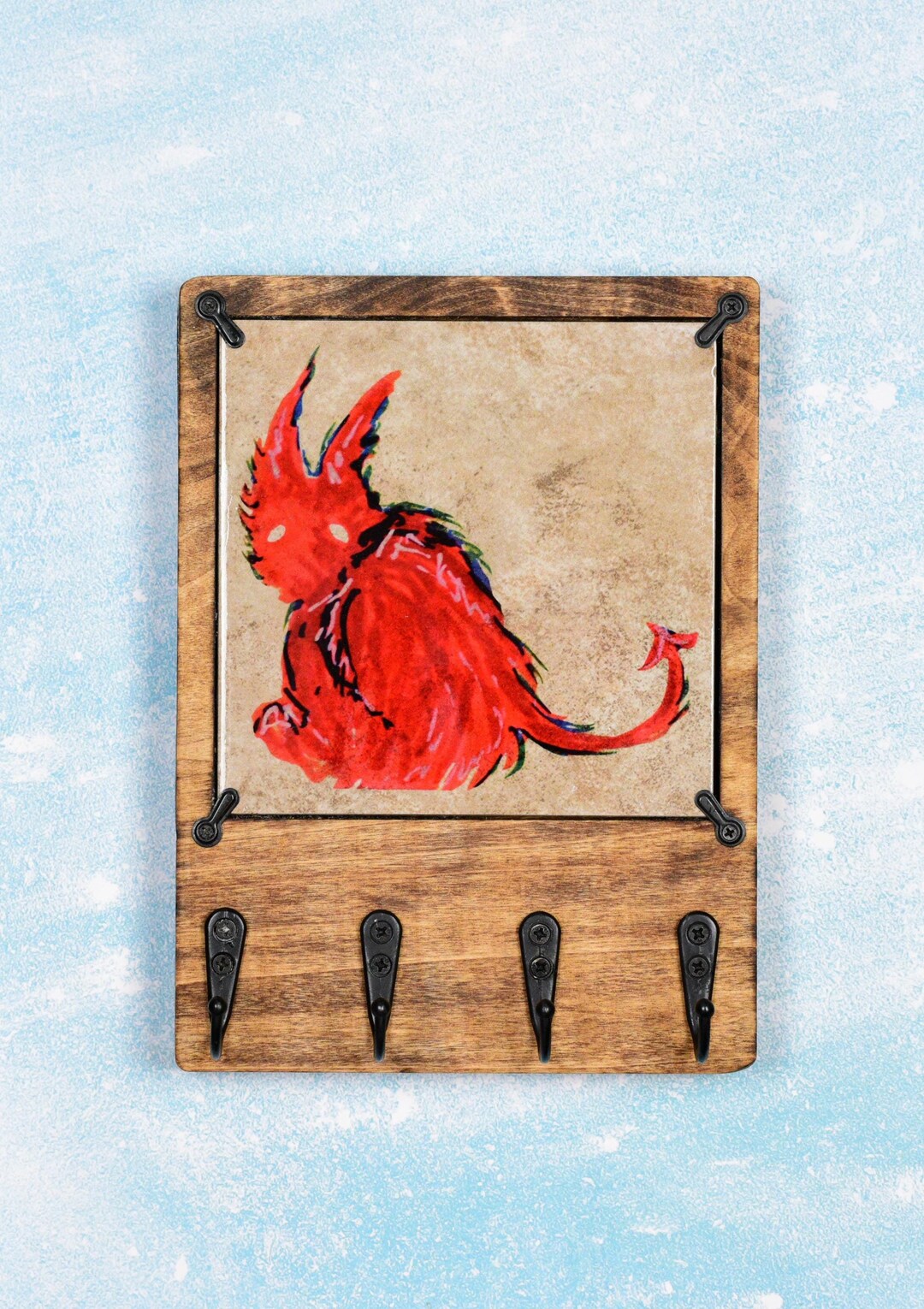 Fuzzy Red Demon Wooden Key Rack for Wall With Changeable Ceramic Art ...