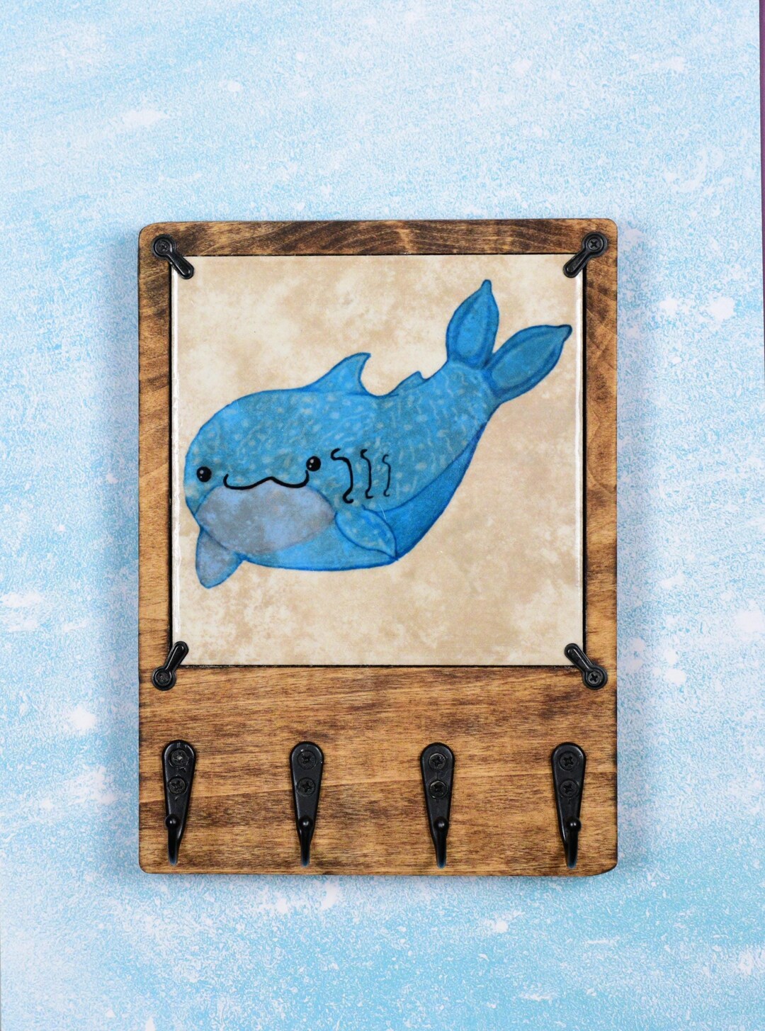 Happy Blue Whale Shark Wooden Key Rack Holder With Changeable Ceramic ...