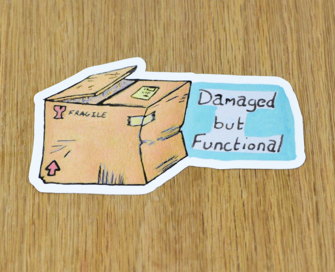 Damaged but Functional Cardboard Box Vinyl Sticker, Silly Pun Funny ...