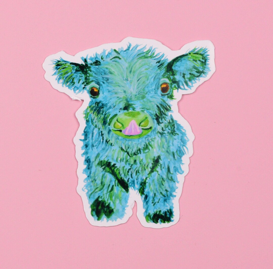 Green Fluffy Highland Calf Vinyl Sticker, Cow Pet Bovine Laptop Decal ...