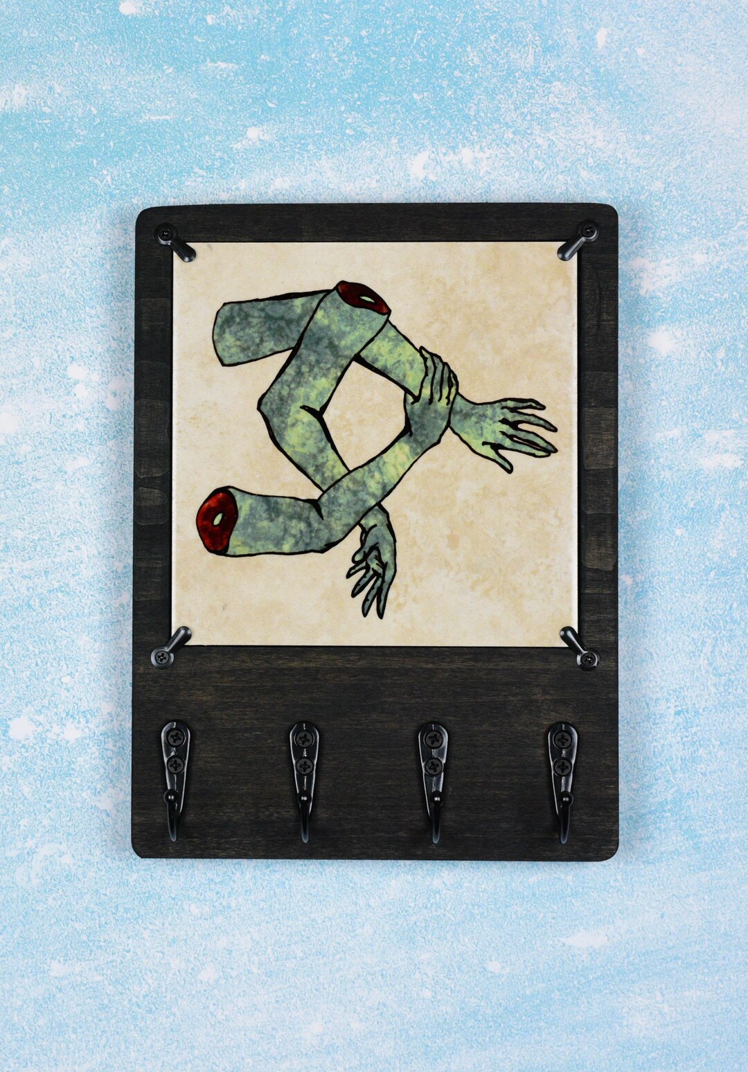 Three Severed Arms Wooden Key Rack for Wall With Changeable Ceramic Art ...