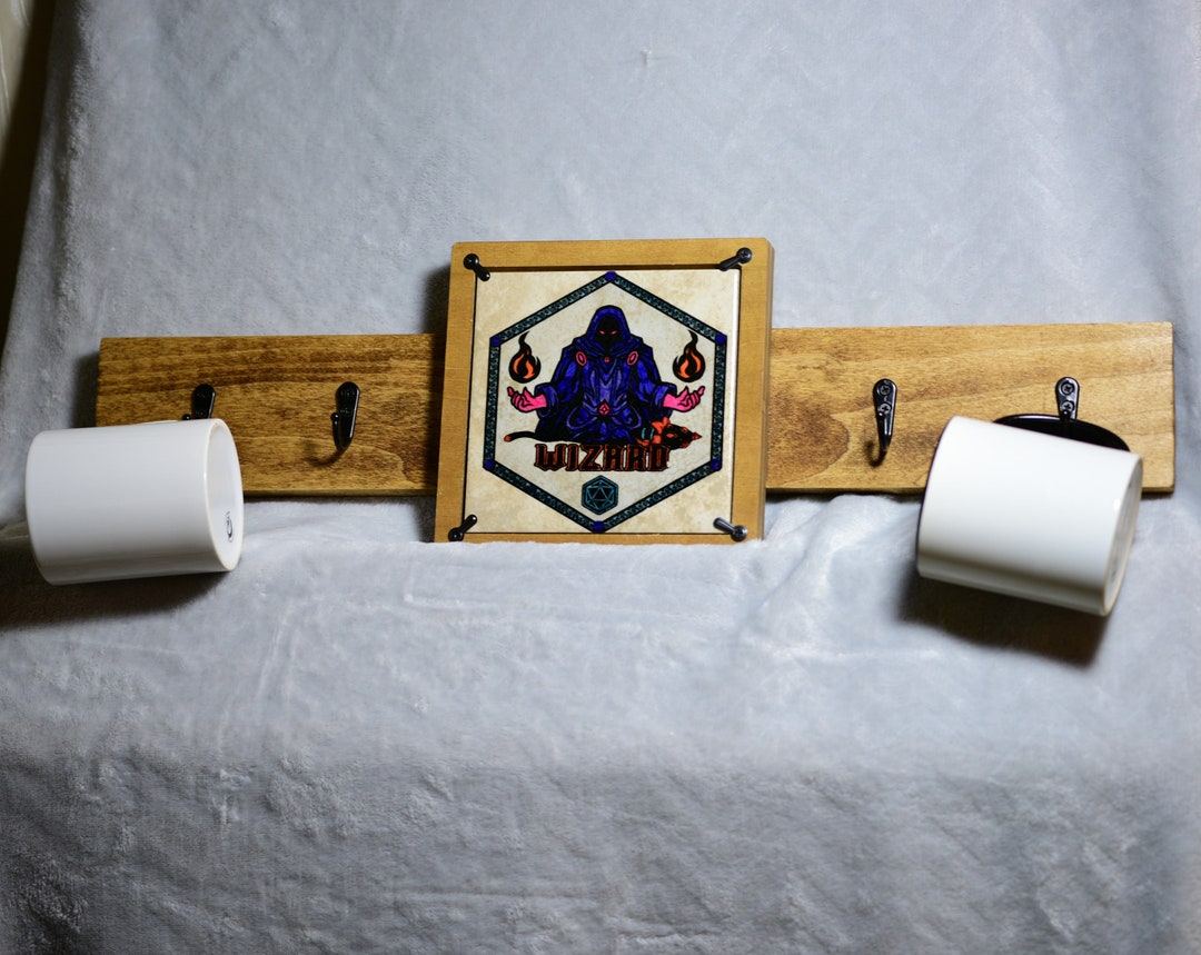 Purple-robed Wizard Wooden Mug Rack for Wall With Changeable Ceramic ...