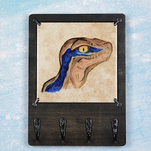 Velociraptor Dinosaur Wooden Key Rack Holder With Changeable Art Tiles ...