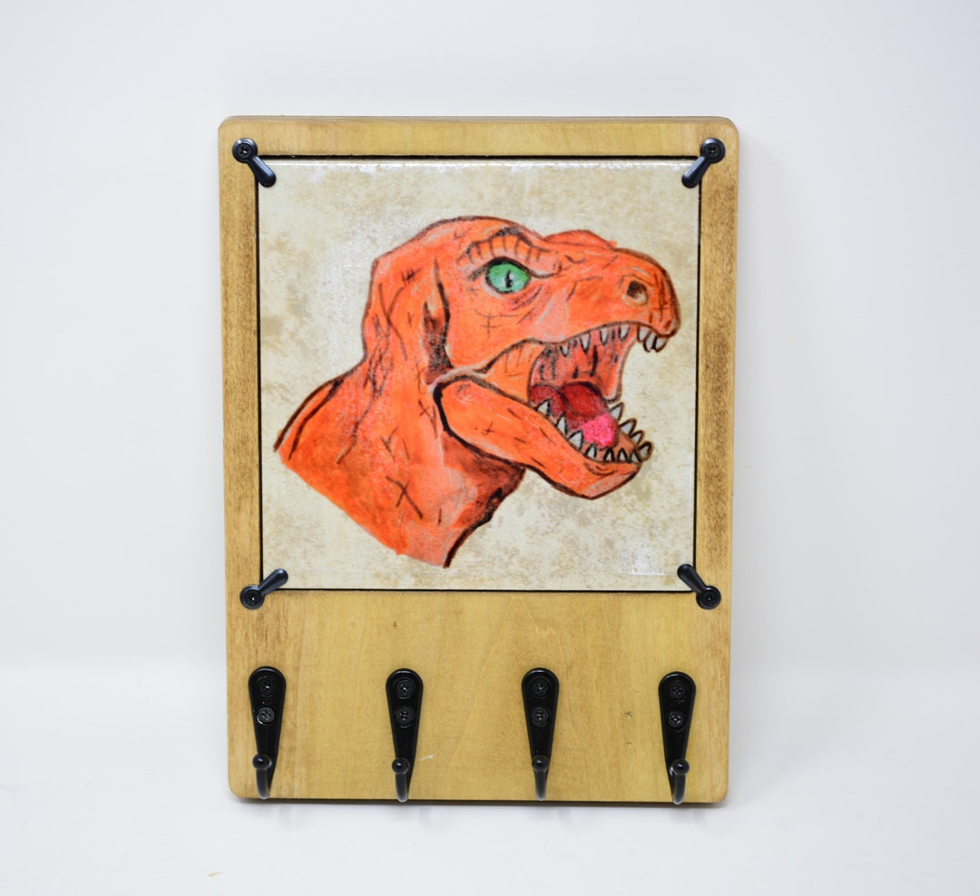 Ferocious T-rex Dinosaur Wooden Key Rack for Wall With Changeable ...