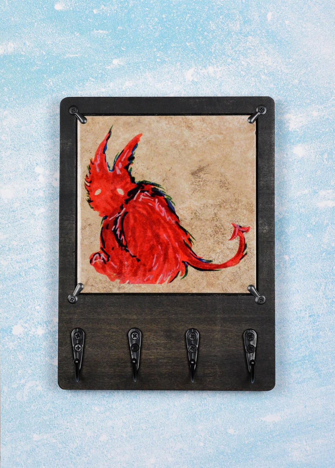 Fuzzy Red Demon Wooden Key Rack Holder for Wall With Changeable Ceramic ...