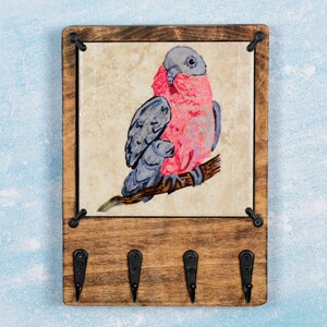 Pink Cockatoo Bird Pet Wooden Key Rack Holder for Wall With Changeable ...