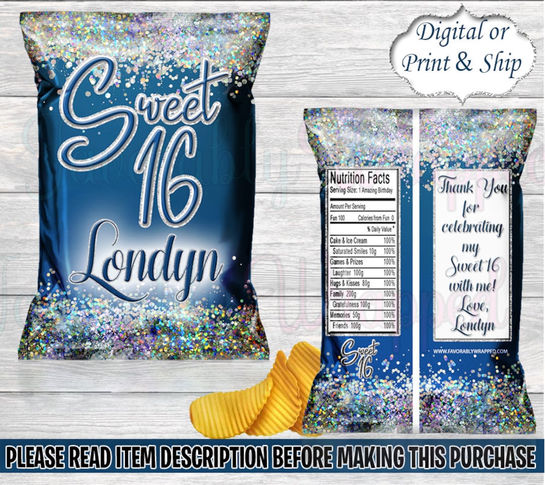 Sweet 16 Chip Bag-blue Sweet 16 Chip Bag-chip Bag Labels-sweet Sixteen Birthday-sweet 16 Party ...