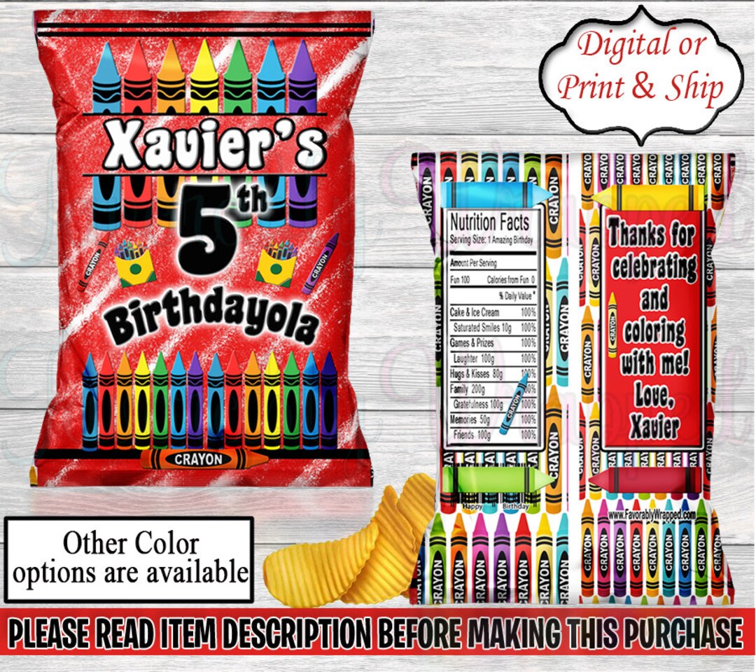 Crayon Chip Bag-crayon Birthday-art Chip Bag-art Birthday-crayon Favor ...