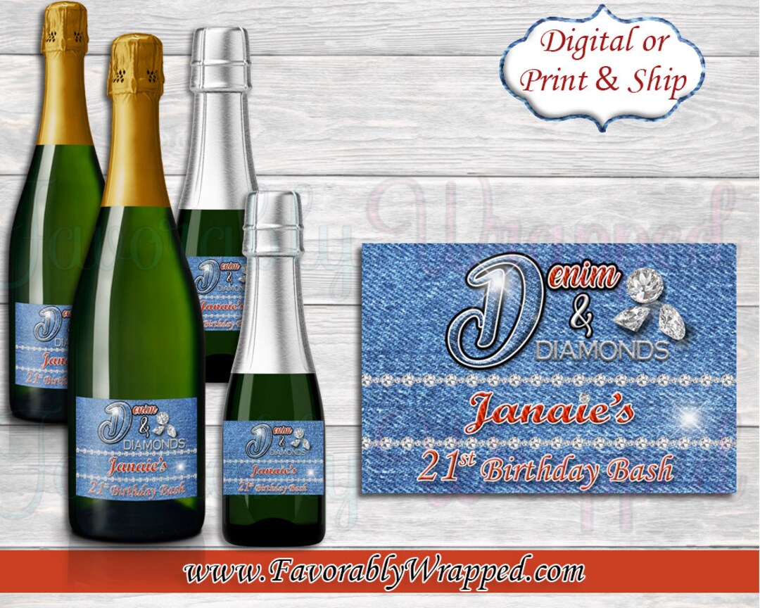 Denim and Diamonds 21st Birthday Champagne Labels-denim Labels-denim ...
