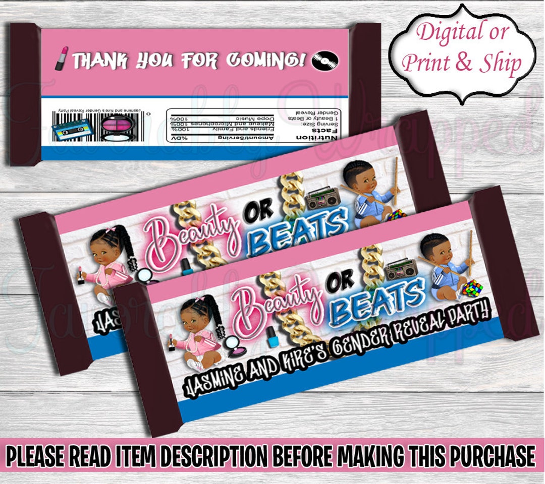 Beauty or Beats Candy Bar Wrapper-beauty or Beats Gender Reveal Party ...