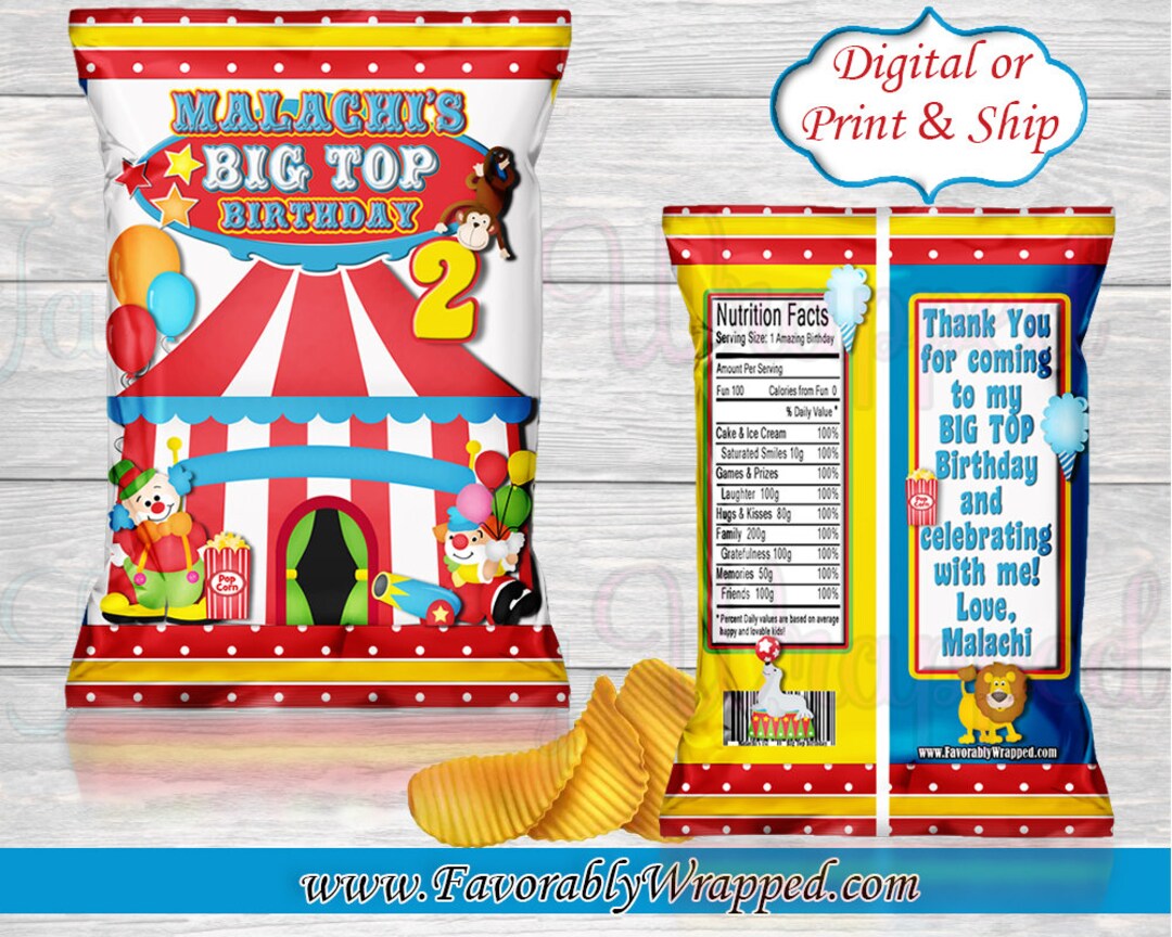 Circus Chip Bag-carnival Chip Bag-carnival Birthday-circus Party-circus ...