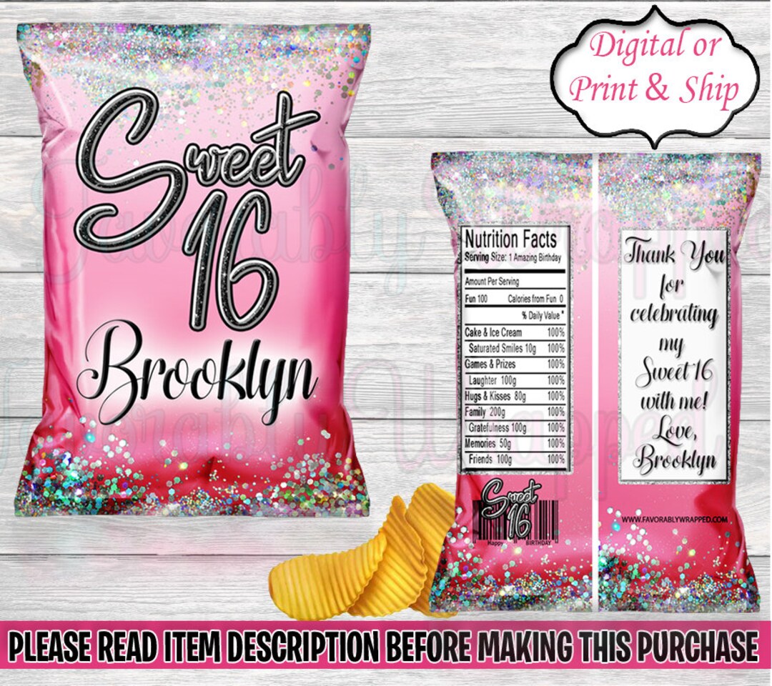 Sweet 16 Chip Bag-pink and Black Chip Bag-sweet Sixteen Birthday-sweet ...
