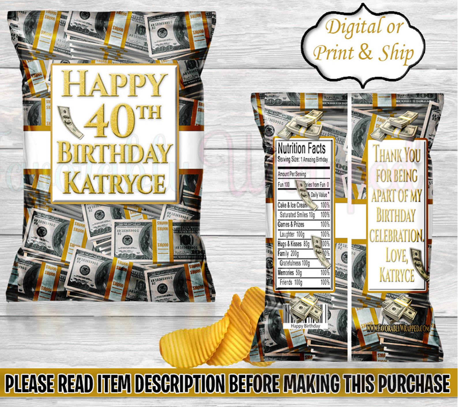 Money Chip Bag-dollar Bill Chip Bag-money Birthday-all About - Etsy