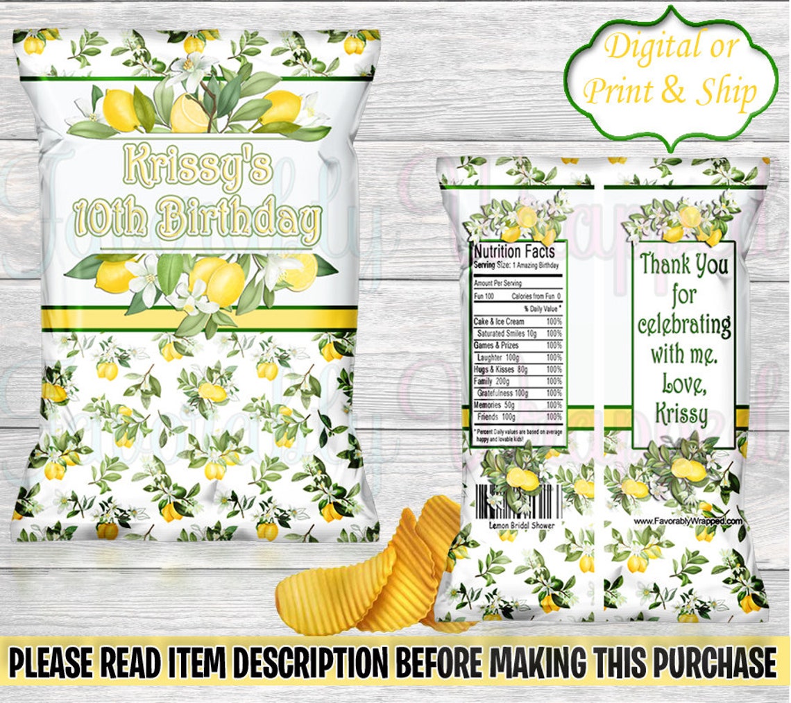 Lemon Chip Bag-lemonade Chip Bag-lemonade Baby Shower-lemonade Birthday ...