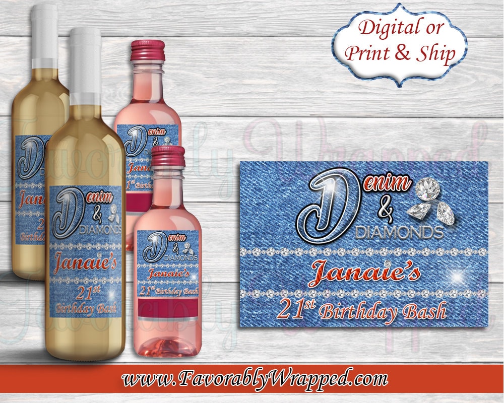 Denim and Diamonds 21st Birthday Wine Labels-Denim | Etsy