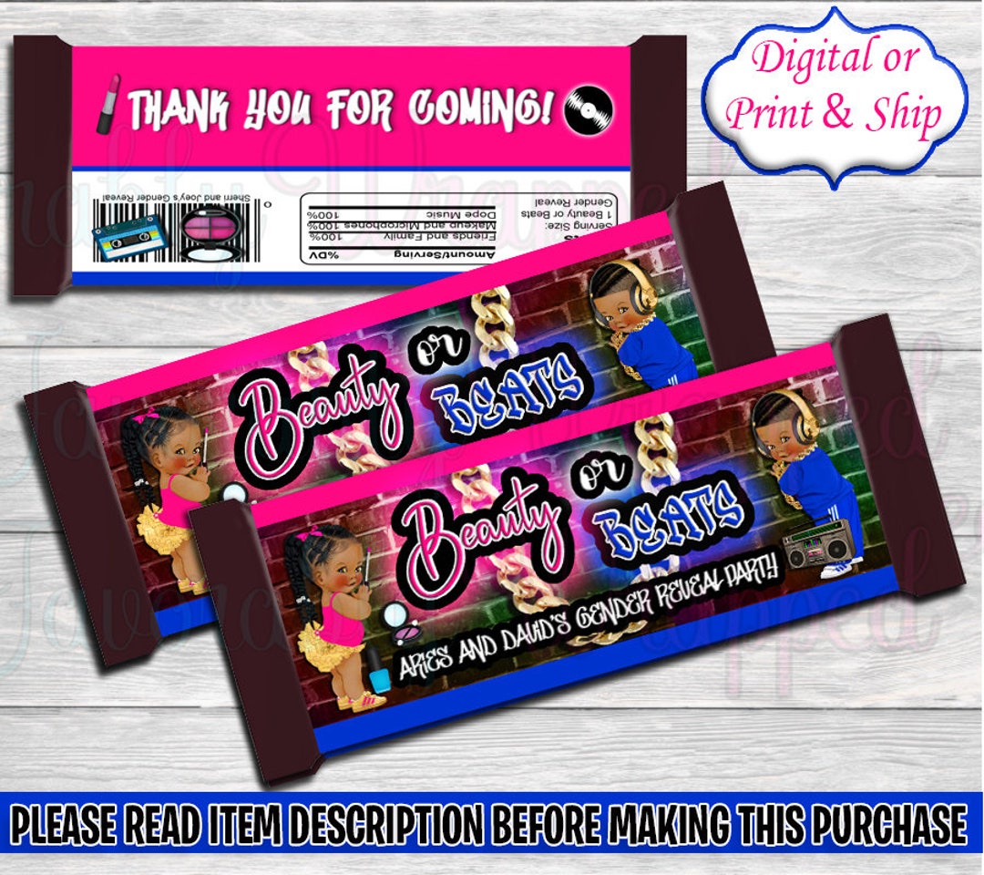 Beauty or Beats Candy Bar Wrapper-beauty or Beats Gender Reveal Party ...