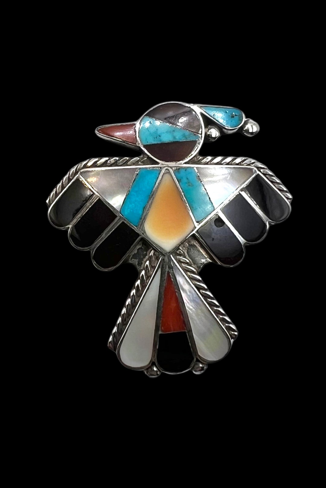 Vintage Zuni Handmade Sterling Silver Turquoise Multi Stone Inlay ...