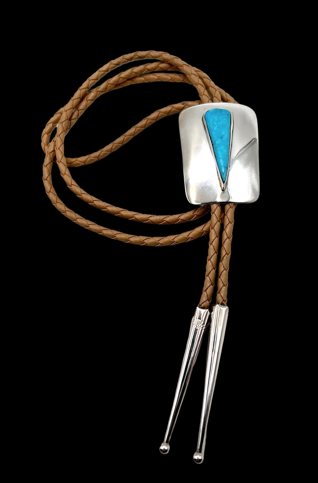 Vintage Navajo Sterling Silver Natural Turquoise Brown Leather Bolo Tie ...