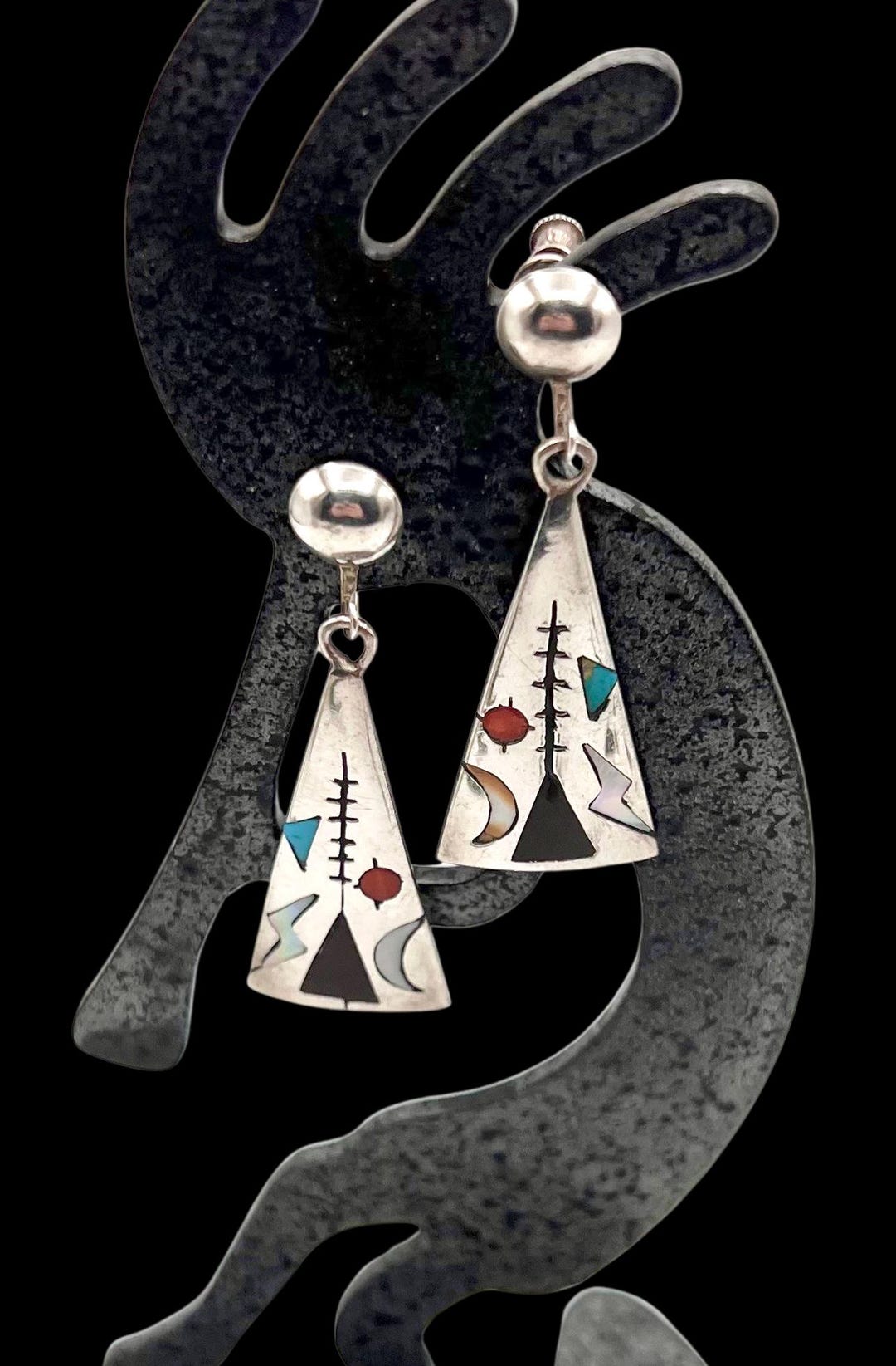 Vintage Zuni Sterling Silver Turquoise Multi Stone Inlay Tee Pee Screw ...