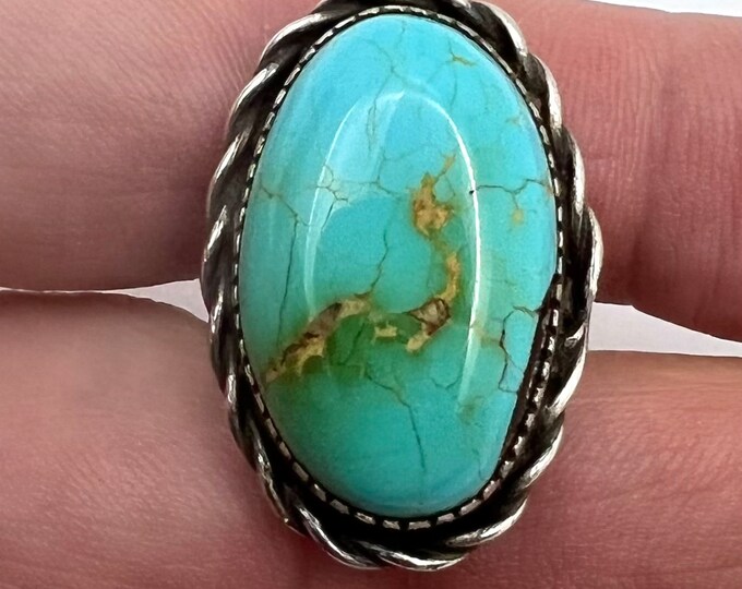 Vintage Navajo Handmade Sterling Silver Natural Turquoise Pinky Ring 2. ...