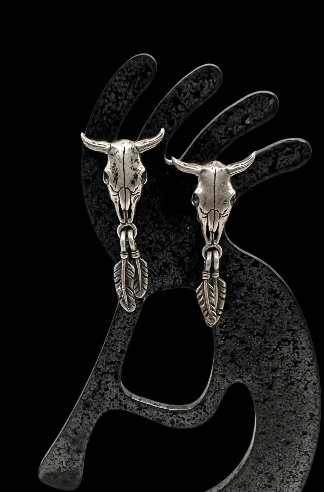 STC Masha Southwest Western Sterling Silver Cow Skull Feather Dangle Earrings, Western Earrings ...