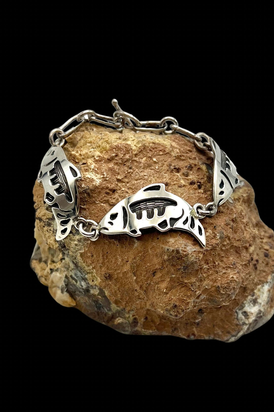 Vintage Signed Hopi Handmade Mens Womens Sterling Silver Fish Overlay ...