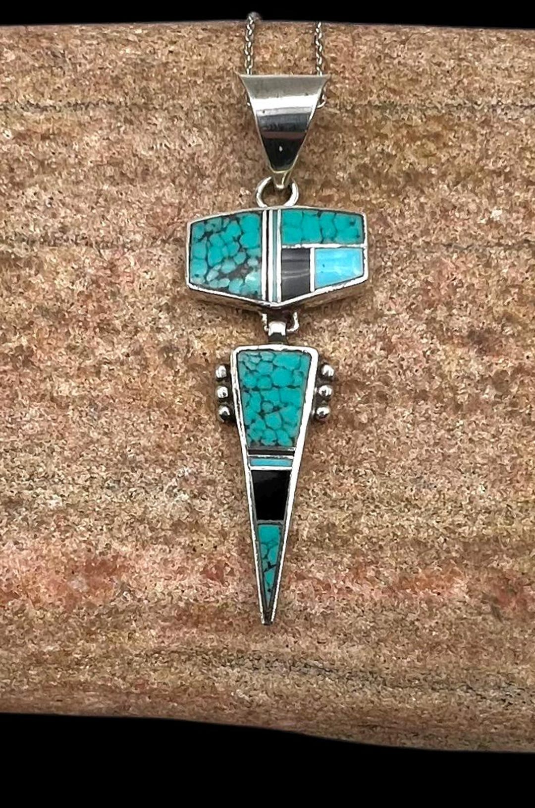 Ray Tracey Navajo Sterling Silver Natural Turquoise Onyx Pendant ...