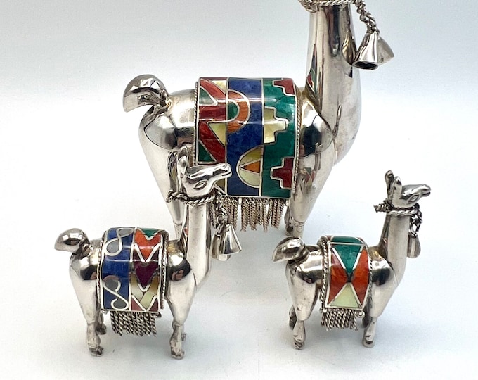 Peruvian Solid 950 Sterling Silver Natural Multi Stone Inlay Llama ...