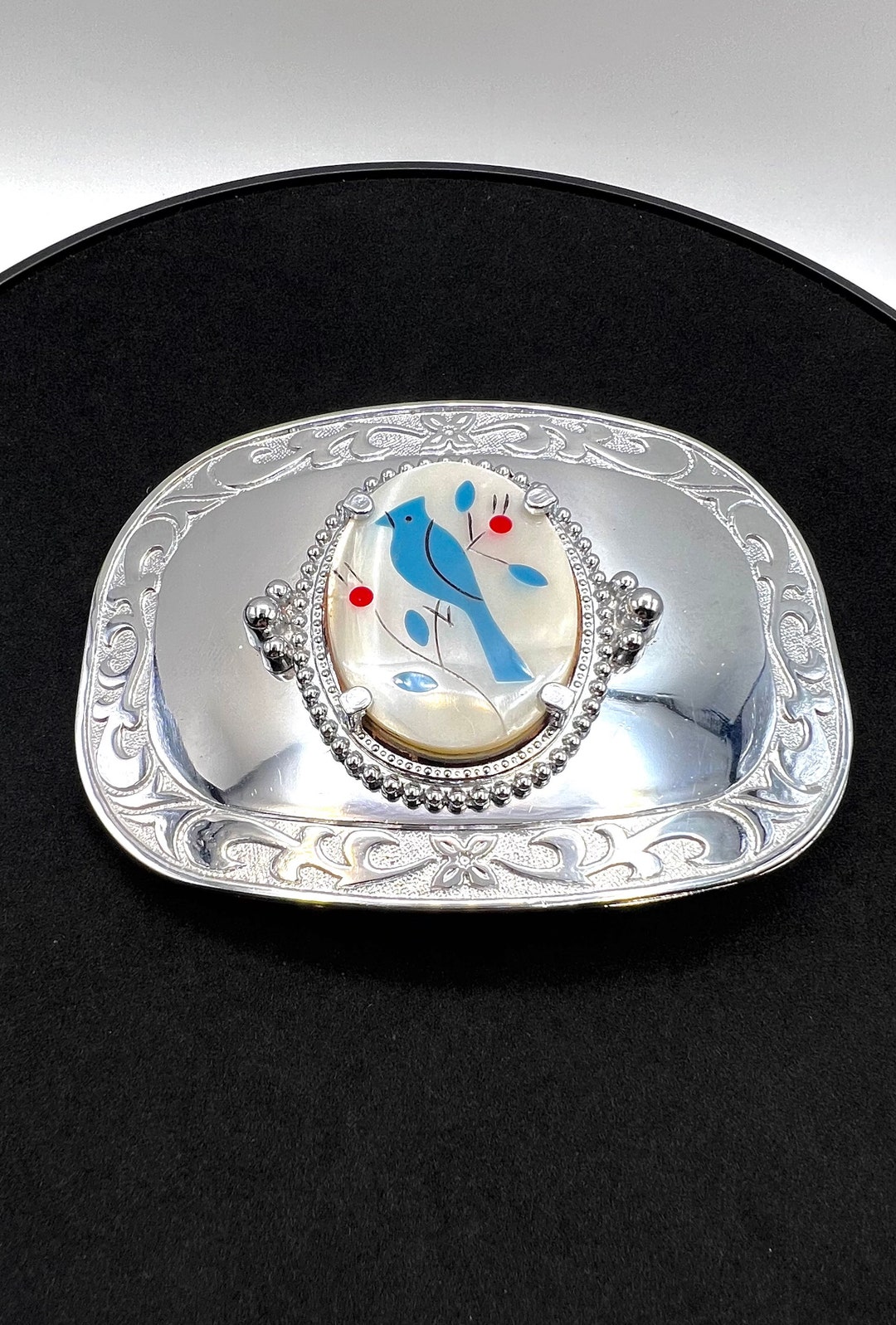 Large Metal Belt Buckle With Zuni Multi Stone Mosaic Inlay Bluejay Bird ...