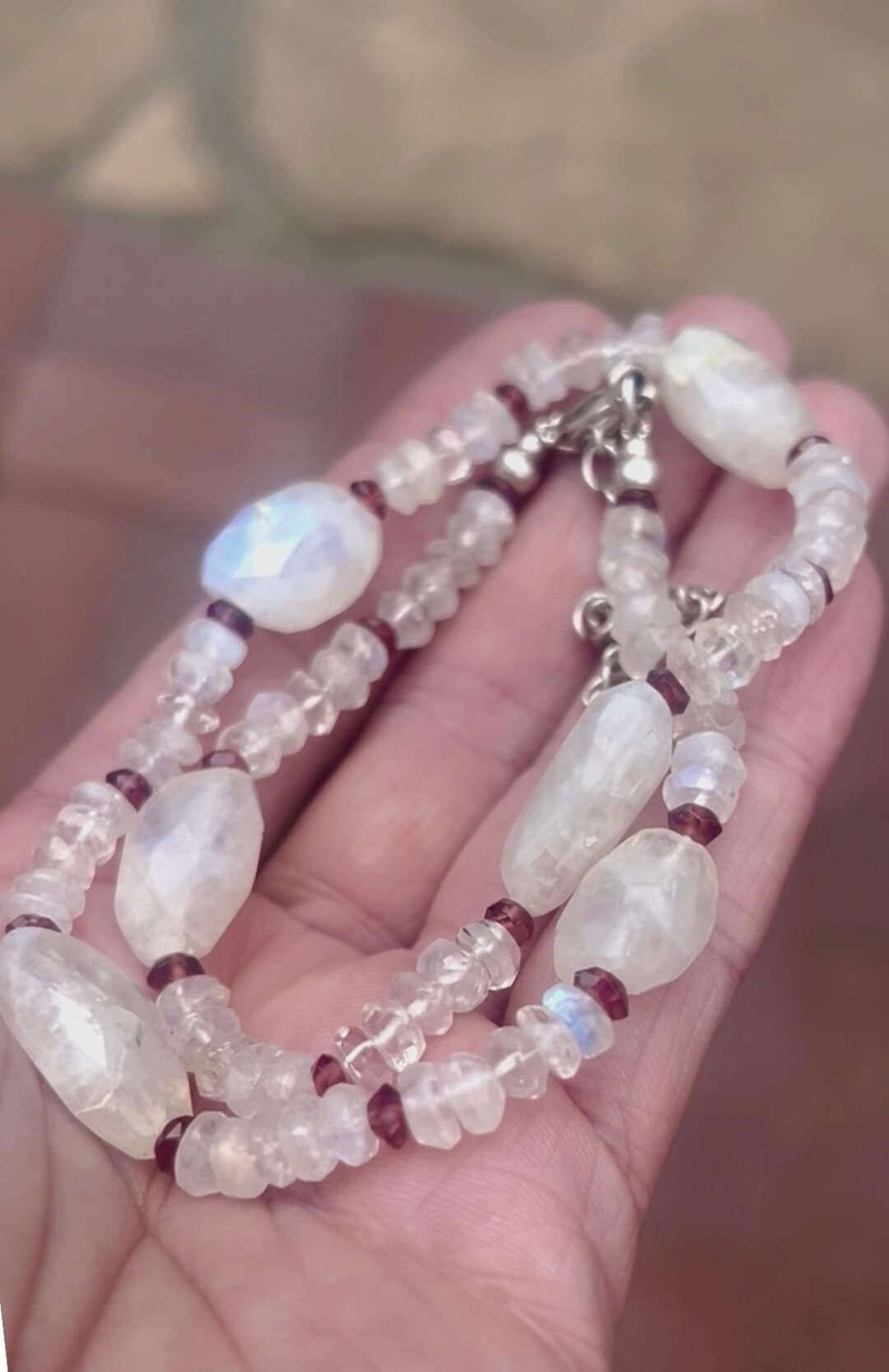 Handmade Sterling Silver Natural Moonstone Garnet Beaded Necklace ...