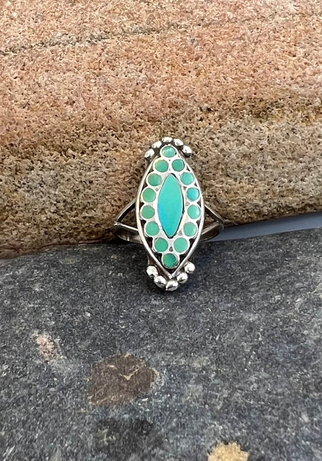 Vintage Zuni Dishta Handmade Sterling Silver Turquoise Flush Inlay Ring ...