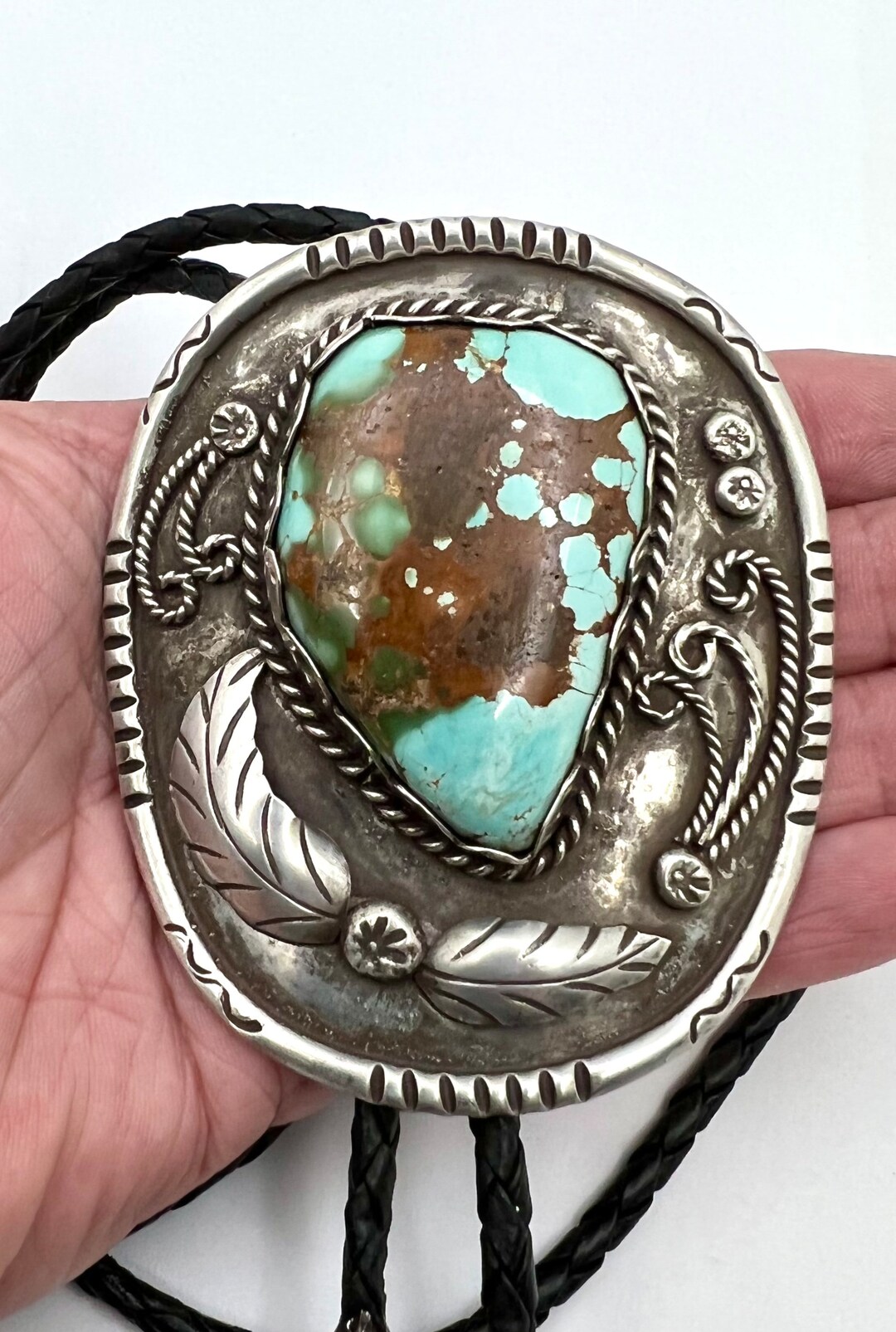 Large Vintage Navajo Handmade Sterling Silver Natural Turquoise Black ...