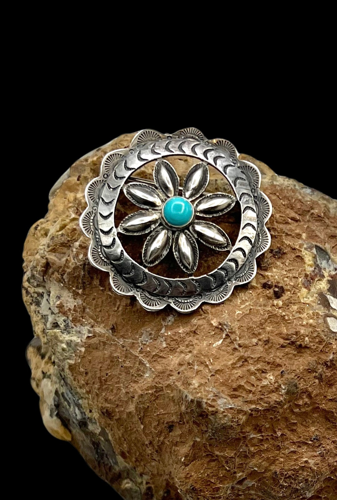 Vintage Navajo Handmade Sterling Silver Turquoise Concho Pin Brooch ...