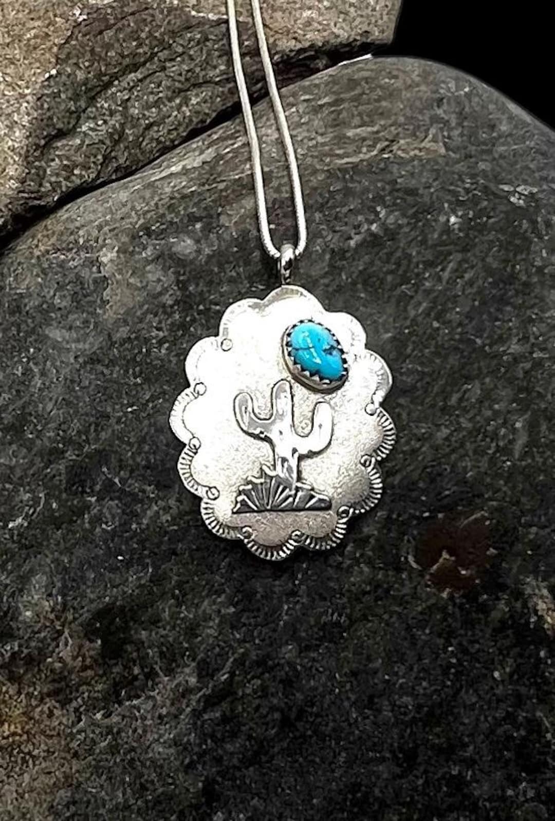 Vintage Navajo Sterling Silver Natural Turquoise Saguaro Cactus Pendant ...