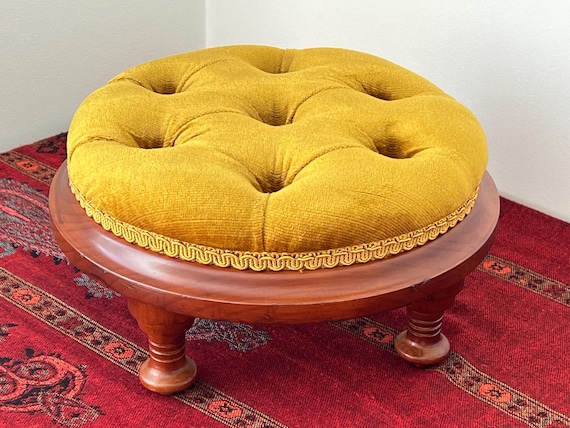 Antique French Style Foot Stool Round Carved Walnut Timber Ottoman Ornate Boudoir Velvet Foot Stool Mustard Round Ottoman Etsy