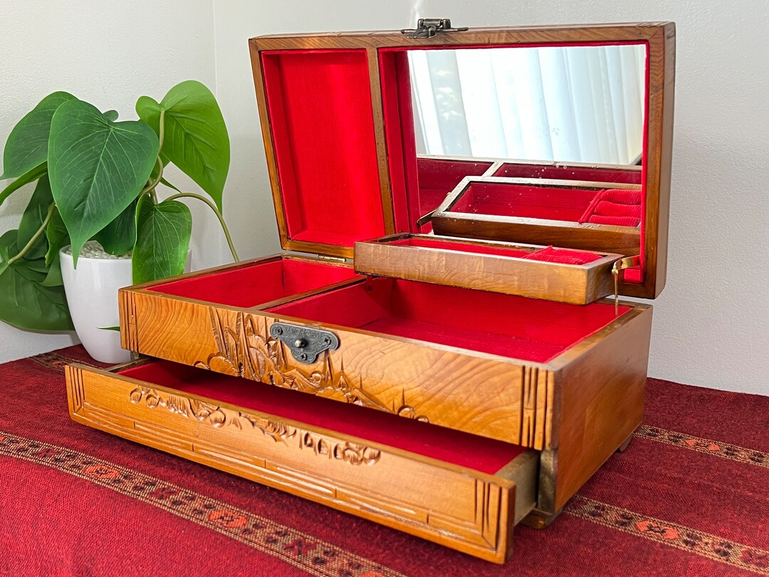 Vintage Retro Chinese Jewellery Box Carved Wooden Trinket Box Wooden ...