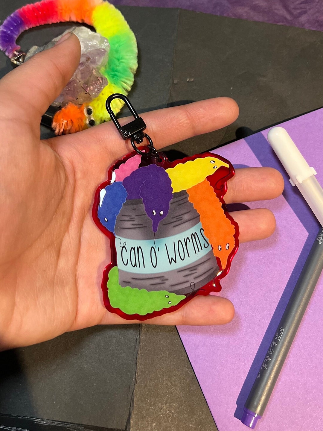 Can O Worms Acrylic Keychain 3in rainbow Worm on a String Acrylic Charm ...