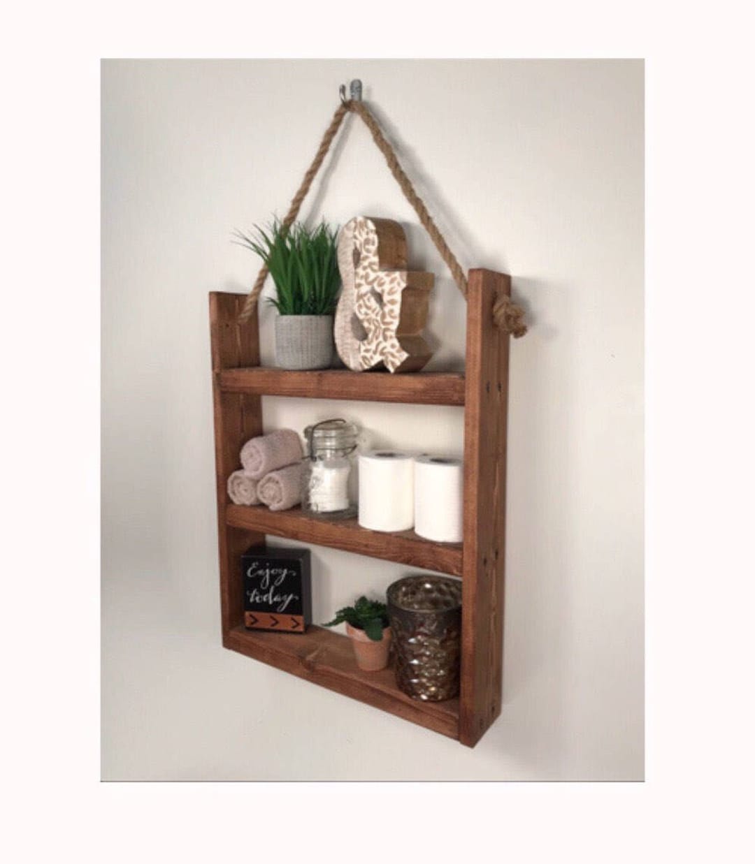 Rustic Ladder Shelf- Rustic Wood and Rope Ladder Shelf, Bathroom ...