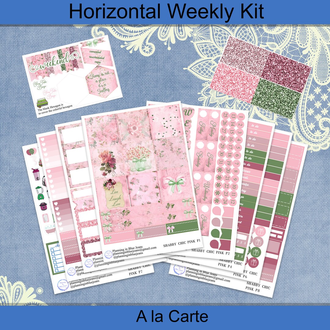 Horizontal - Shabby Chic Pink Sticker Weekly Kit 4, 6, 8 Page or A La ...