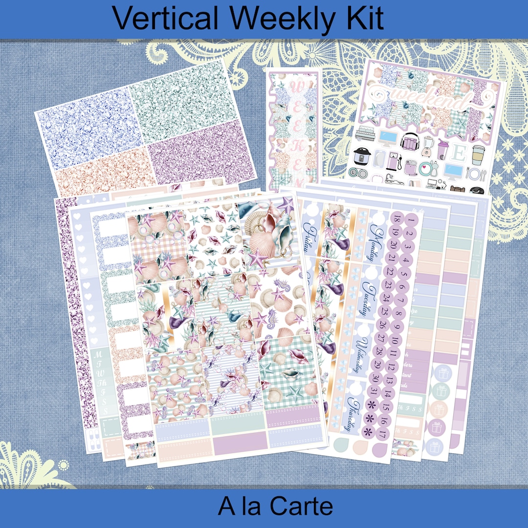 Vertical She Sells Seashells Planner Sticker Weekly Kit 4, 6, 8 Page or ...