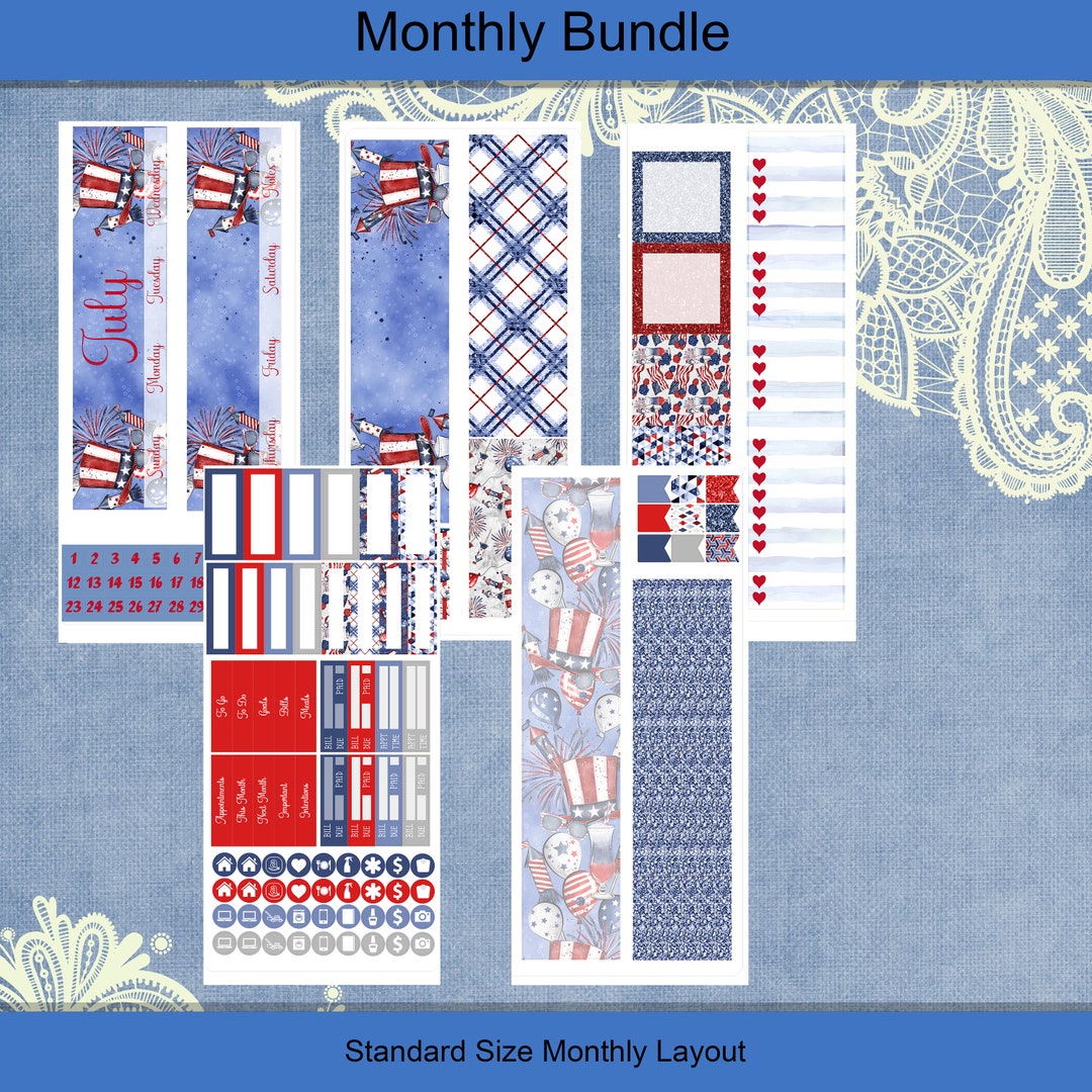 A5 July Monthly Kit, and Dashboard Planner Sticker Kit Independence Day ...