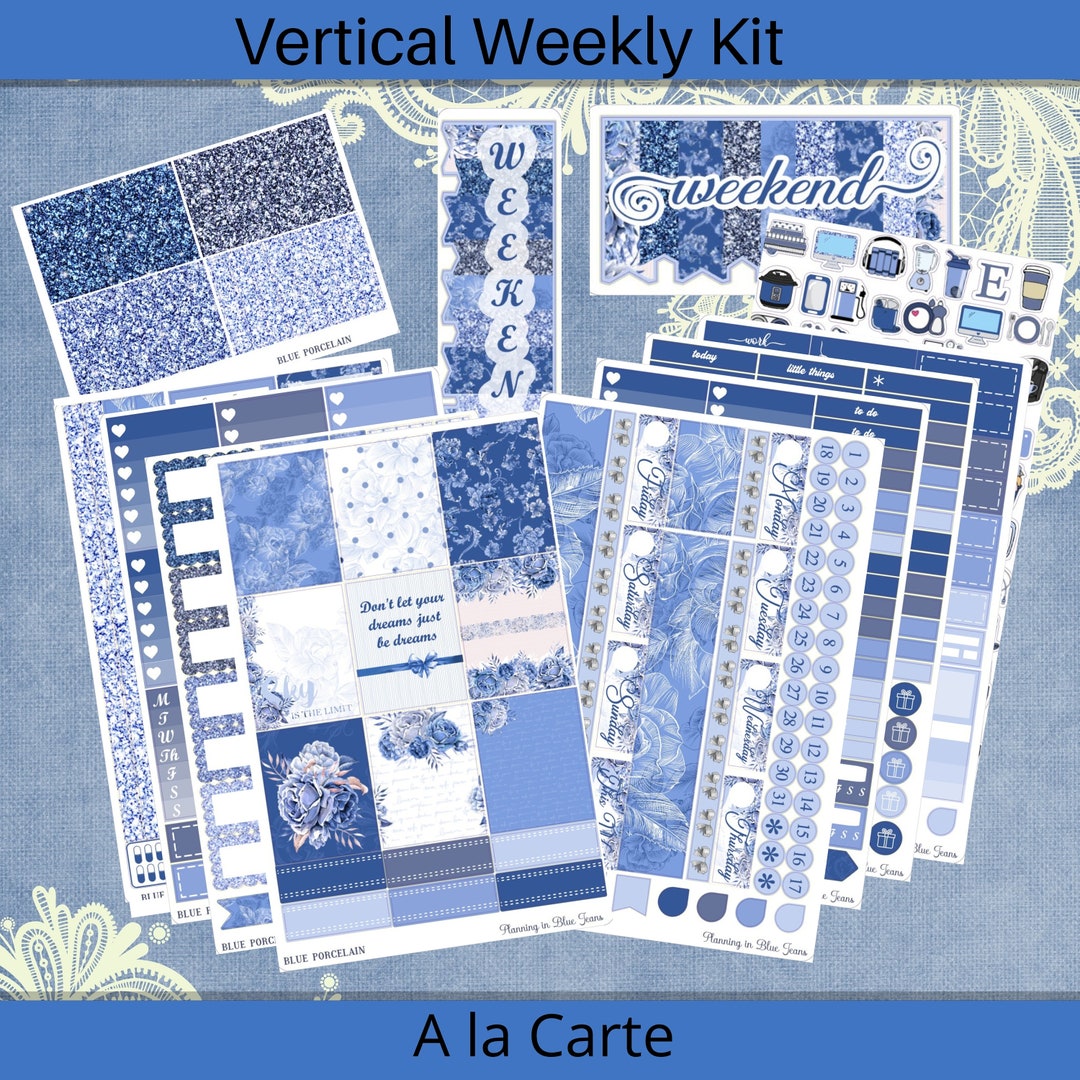 Vertical Blue Porcelain Floral Planner Stickers Weekly Kit 4, 6, 8 Page ...