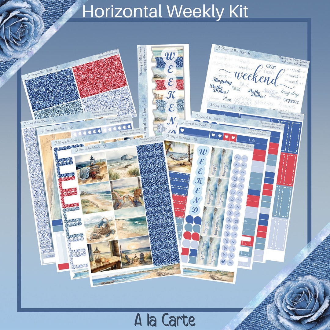 Horizontal -A Day at the Beach Stickers Weekly Kit 4, 6, 8page or A La ...