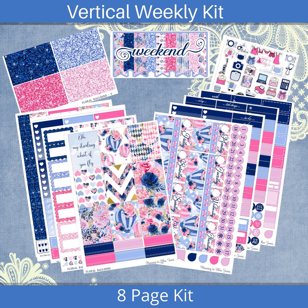 Vertical 7 X 9 - Floral Balloons Planner Sticker Kit, Weekly 4, 6, 8 ...