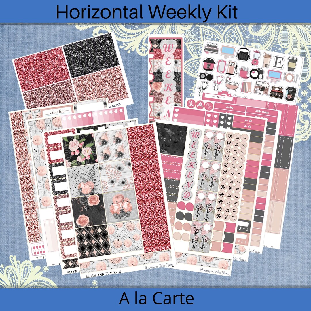Horizontal - Blush and Black Planner Sticker Weekly Kit 4, 6, 8 Page or ...