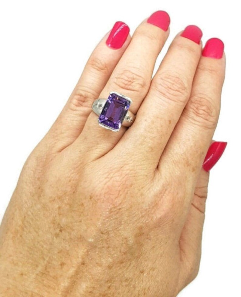 Amethyst Rectangle Ring Size 7.25 925 Sterling Silver White - Etsy
